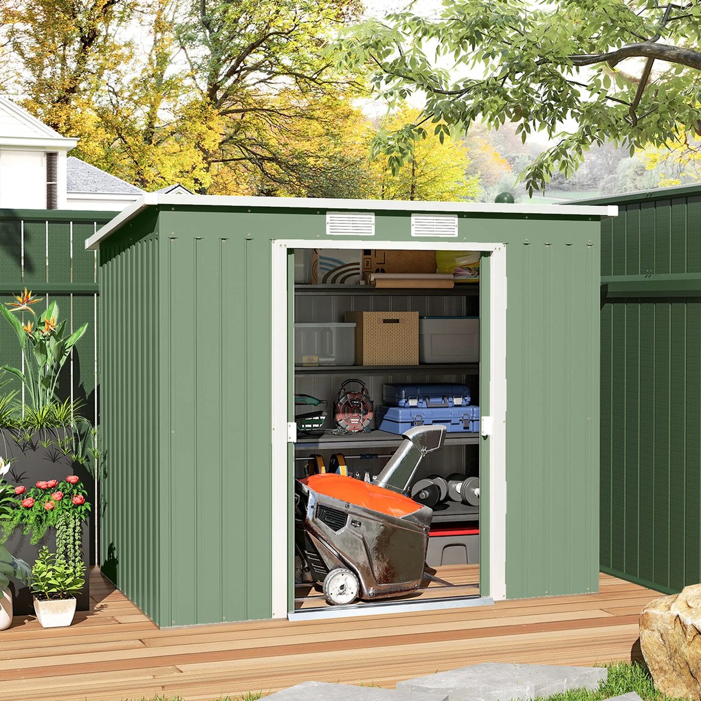 Outsunny Nástrojová Kůlna 2,42 m² - Zahradní Dům s Ventilačním Oknem a Posuvnými Dveřmi, 213 x 130 x 159/172 cm, Kůlna z Pozinkované Oceli, Voděodoln…