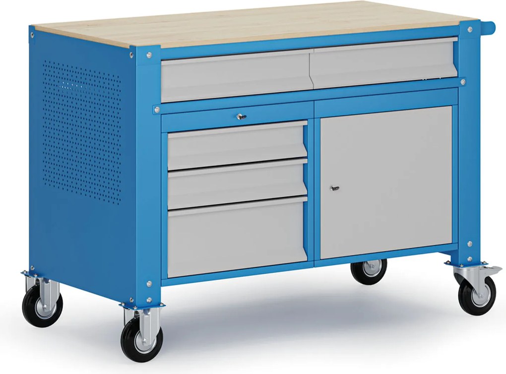 Pojízdný dílenský stůl G9, 1 skříňka, 5 zásuvek, 1180 x 595 x 865-1130 mm, šedá/modrá