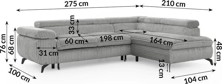Světle šedá manšestrová rohová pohovka (pravý roh/do L) Marbeya – Ropez