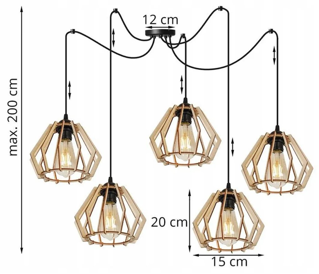 Light for home - Moderní závěsné svítidlo s dřevěnými stínidly SPIDER TIMBER 2360/5, E27, Černá