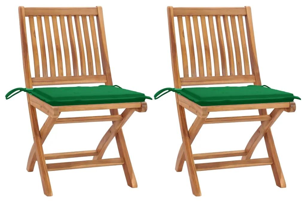 Zahradní židle 2 ks zelené podušky masivní teakové dřevo,  3062438