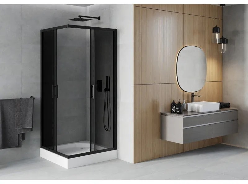 Mexen Rio, čtvercový sprchový kout 90(dveře)x90(dveře)x190 cm, 5mm šedé sklo, černý profil + bílá sprchová vanička RIO, 860-090-090-70-40-4510