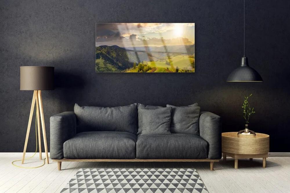 Plexisklo-obraz Hory Louka Západ Slunce 100x50 cm