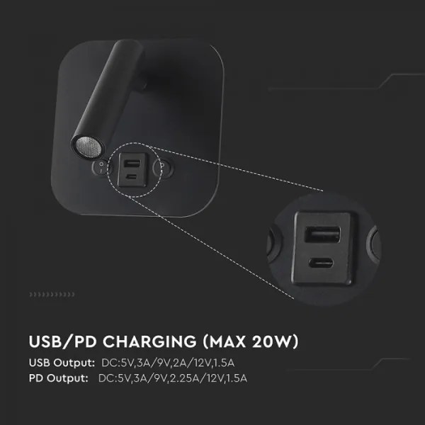 LED Nástěnné bodové svítidlo s USB portem LED/8W/230V 3000K černá