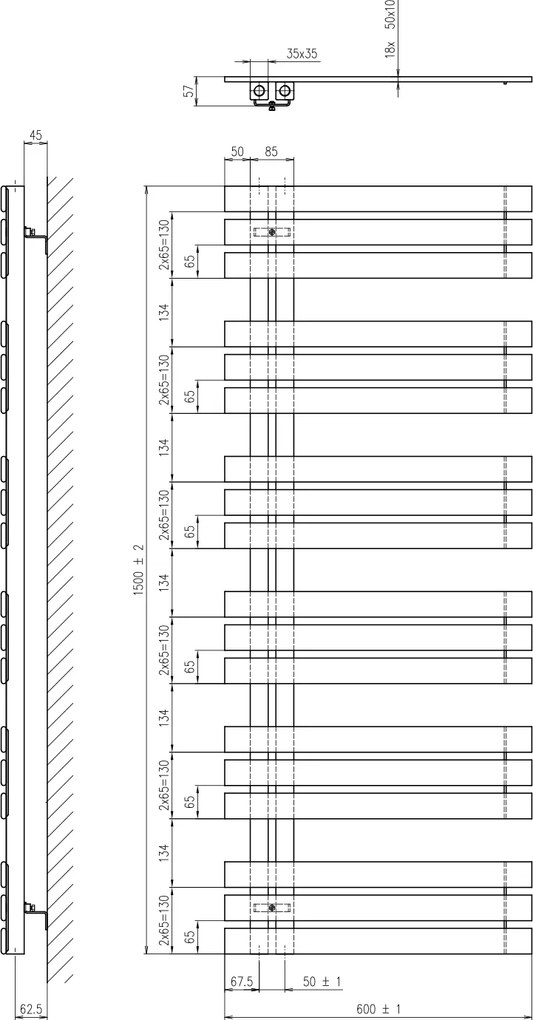 Sapho Silvana koupelnový radiátor 600 x 1500 mm středové metalická stříbrná IR155