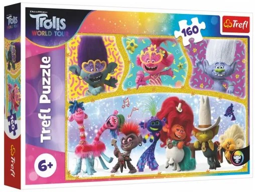 TREFL Puzzle Šťastný svět Trollů/Trolls world tour 41x27,5cm 160 dílků v krabici 29x19x4cm