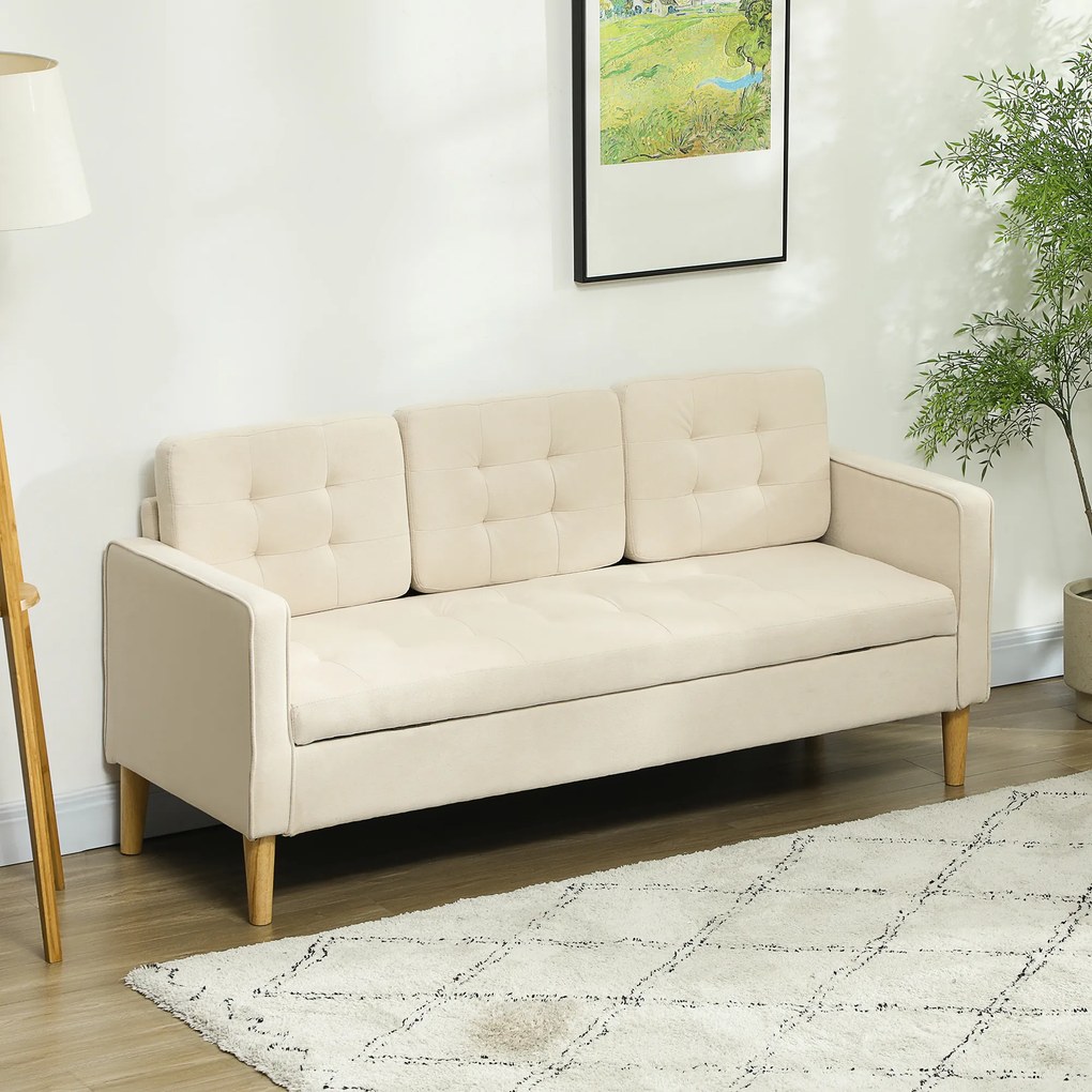 HOMCOM 3-místná pohovka s úložným prostorem, prošívání na knoflíky, čalouněná pohovka, 166,5 x 62 x 82 cm, krémově bílá