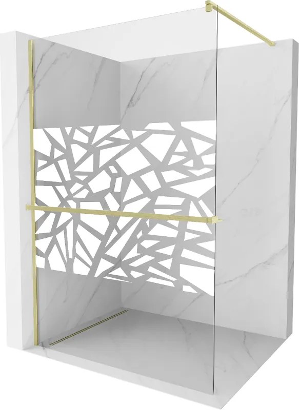 Mexen Kioto+, sprchová zástěna Walk-In s poličkou a věšákem 110 x 200 cm, 8mm čiré sklo bílý vzor, ​​zlatý matný profil, 800-110-121-55-85
