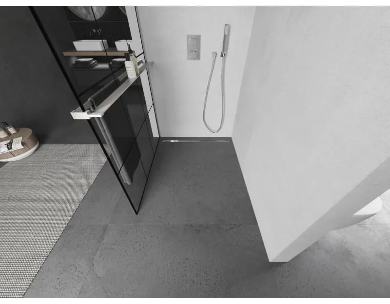Mexen Kioto+ L, sprchová zástěna Walk-In s poličkou a věšákem 120 x 200 cm, 8mm čiré sklo černý vzor, broušená ocel profil, 800-120-123-97-77