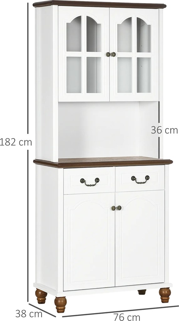 HOMCOM Kuchyňská skříňka, 76x38x182cm, kuchyňský bufet se 2 zásuvkami, vysoká skříňka s otevřeným prostorem, vitrína s funkcí tichého zavírání, bílá|…