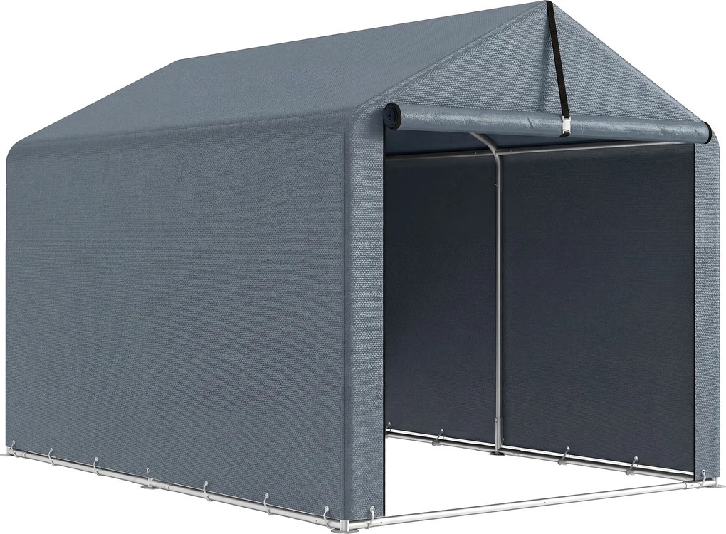 Outsunny 1,62 × 2,22 m voděodolný zahradní úložný stan s rolovacími zipovými dveřmi, sedlová střecha, ocelový rám, UV-odolný — tmavě šedý