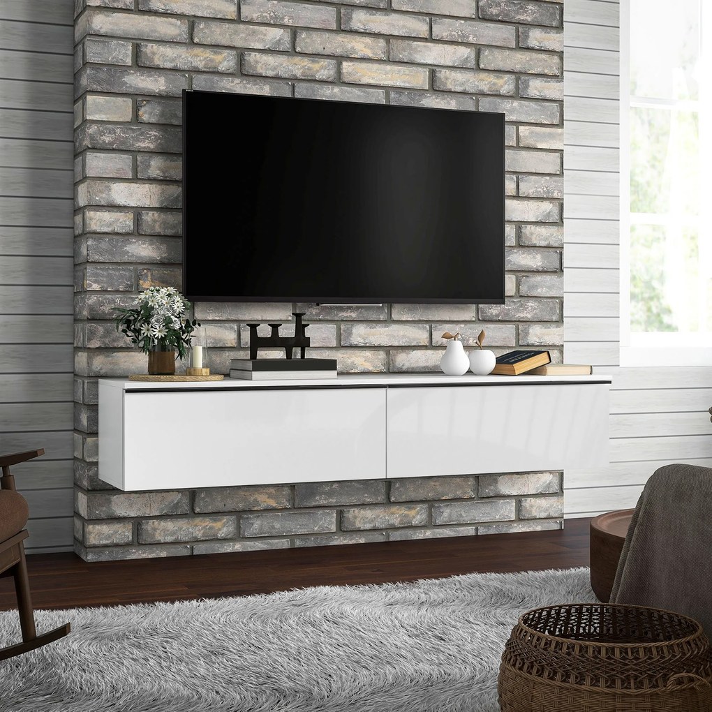 HOMCOM Nástěnný TV Stojan Dřevěný TV Konzole Koupelnová Skříň pro TV až 70 palců s Dveřmi s Lesklým Efektem, pro Obývací Pokoj, Ložnici, 160 x 35 x 3…