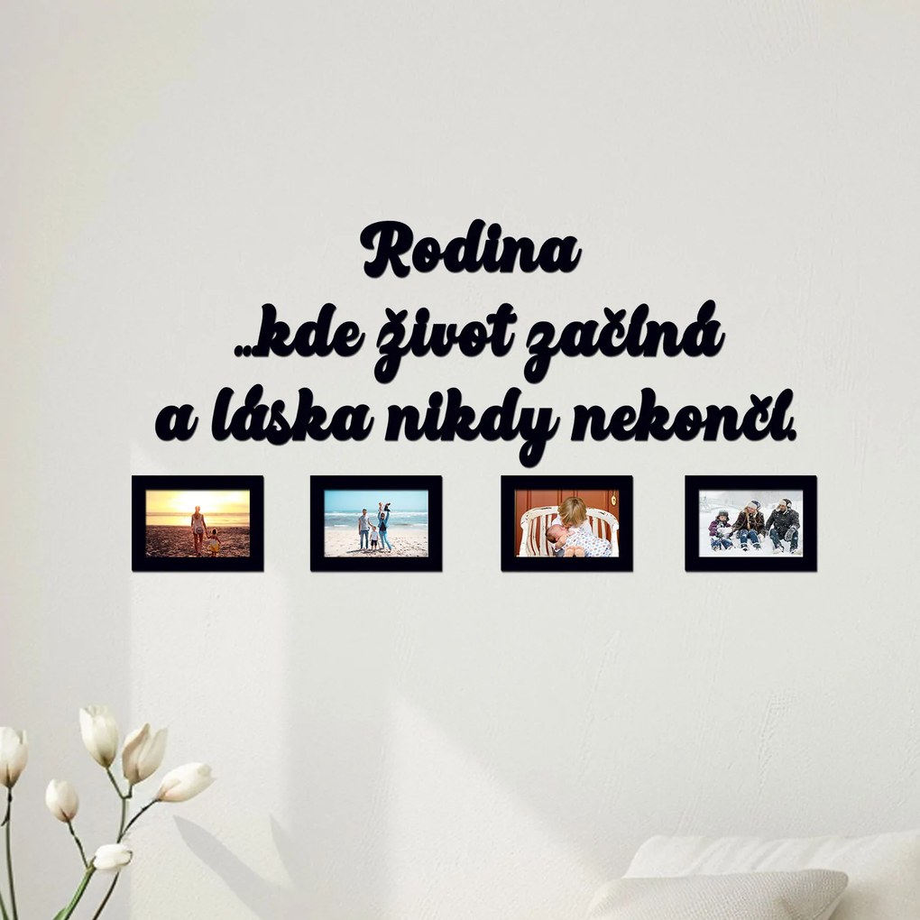 dřevo života Dřevěný fotorámeček Rodina kde života začíná Zvolte barvu dekoru: Černá, Velikost fotografie: 9x13