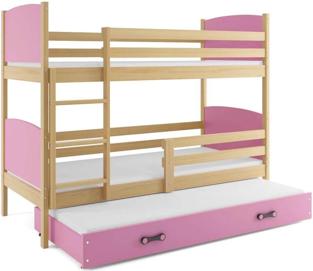 b2b1 BMS-group Patrová postel s přistýlkou TAMI 3 90x200 cm, borovice/růžová Pěnová matrace