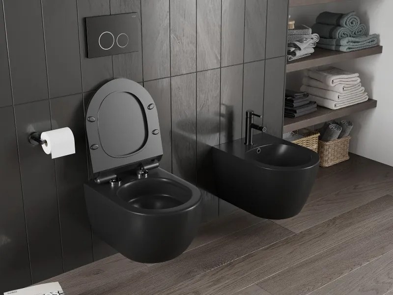 Mexen Carmen, závěsná WC mísa 490x365x340 mm, Rimless Tornádo + WC sedátko z duroplastu, černá matná, 30880185T