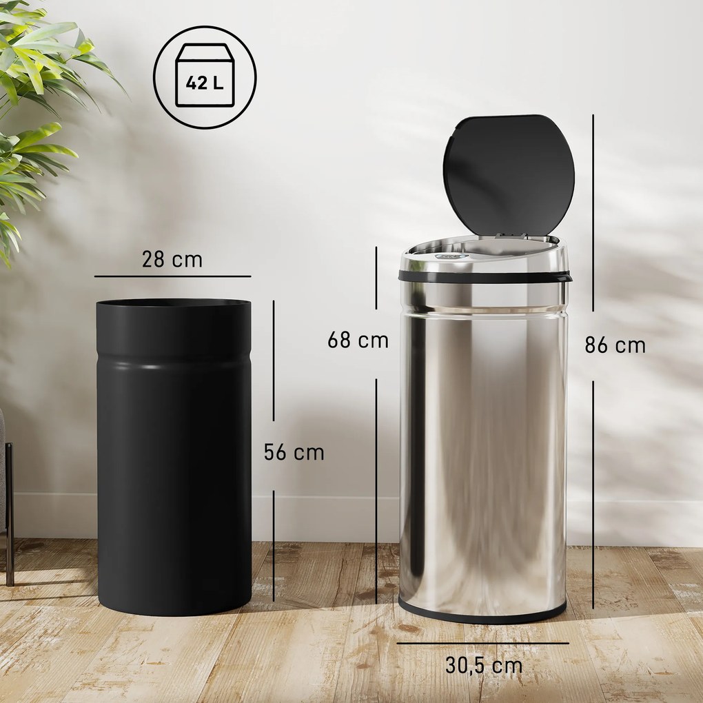 HOMCOM 42 L senzorový odpadkový koš, automatický odpadkový koš, nerezový kuchyňský koš s infračerveným senzorem, pro kuchyň, jídelnu