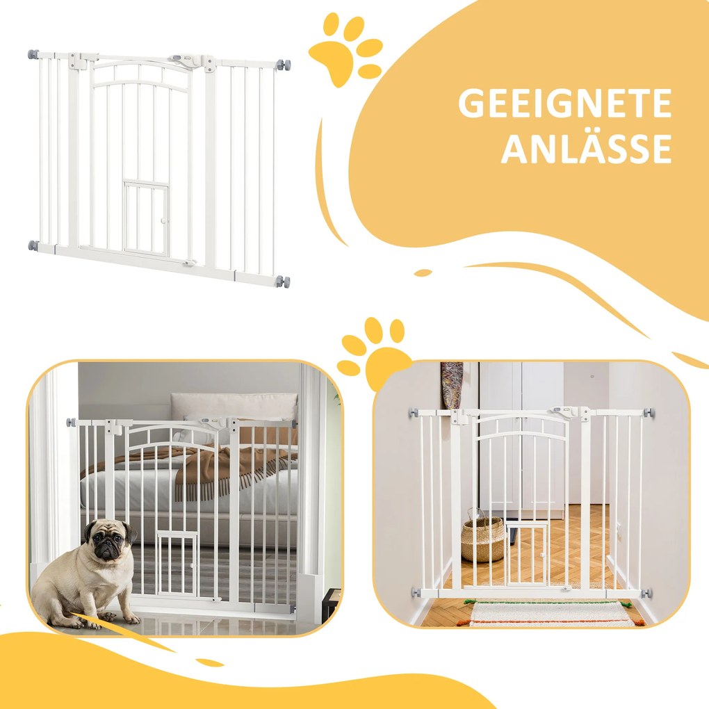 Schodišťová branka PawHut pro psy s automatickým zavíráním a klapkou pro kočky, bez vrtání, 74-100 cm, bílá
