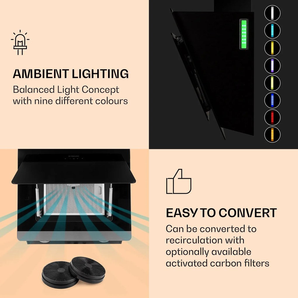 Klarstein Aurora Eco 60, digestoř, 60 cm, nástěnná, 550 m³/h, A+, dotykové ovládání, černá