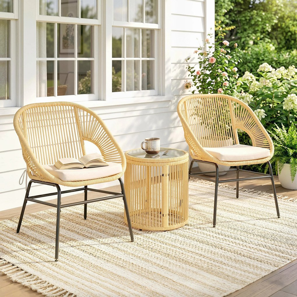 Outsunny 3dílný ratanový bistro set – 2 polstrovaná křesla a tvrzený skleněný stolek, béžová
