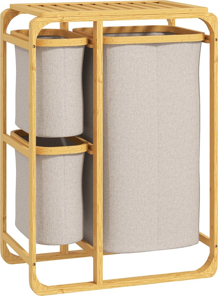 HOMCOM Úsporný Koš na Prádlo, Elegantní Koš s 3 Odnímatelnými Textilními Taškami a Policemi, Bambus, 50x32x69,7 cm, Bambus a Krémová Barva | Aosom