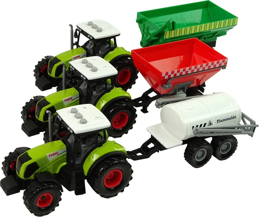 LEAN Toys Sada tří traktorů s přívěsy a postřikovačem, farma