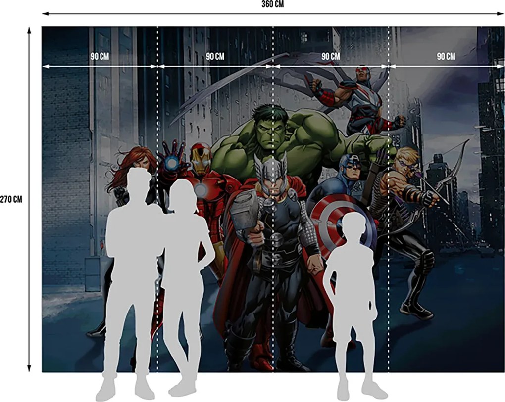 Dětská vliesová fototapeta na zed' Marvel Avengers ve Městě, Disney | 360 x 270 cm | DFTDNXXL 5079