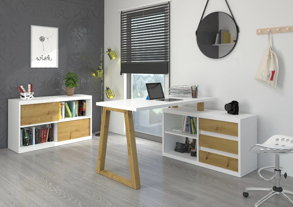 ADRK Rohový PC stůl IWO II W-ART, bílá/dub artisan