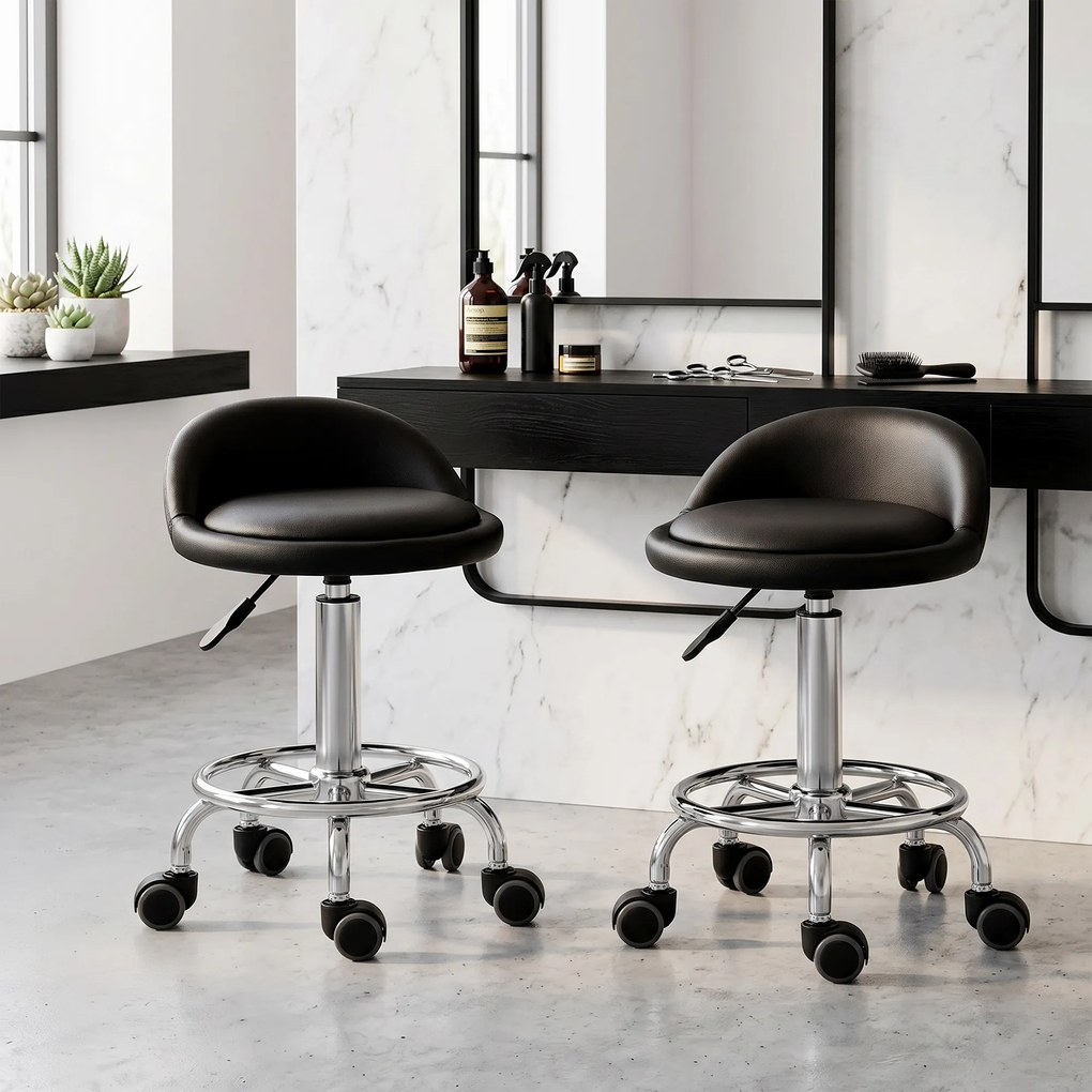 HOMCOM Set 2 otočných stoliček - pracovní stolička 360° - nastavitelná výška sedáku 47-62H cm, ergonomické opěradlo - chromovaná ocel s černým syntet…