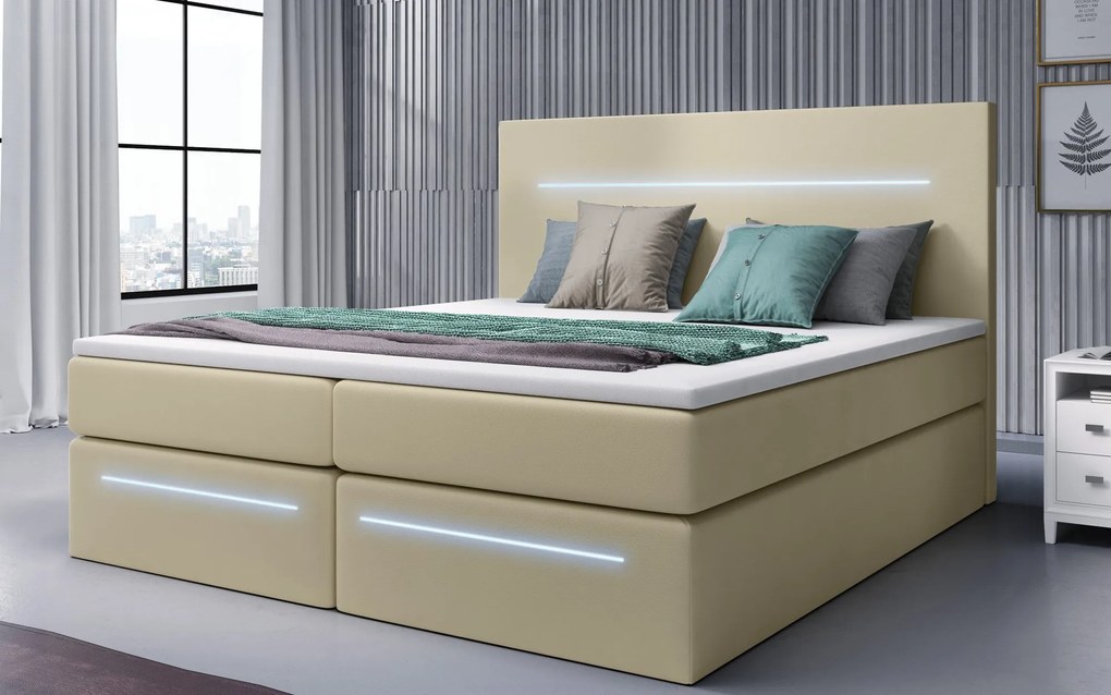 K&M postele Boxspring postel SEJOUR s úložným prostorem a LED Velikost postele: 140 × 200 cm, Výběr matrace: Oboustranná pružinová matrace - středně …