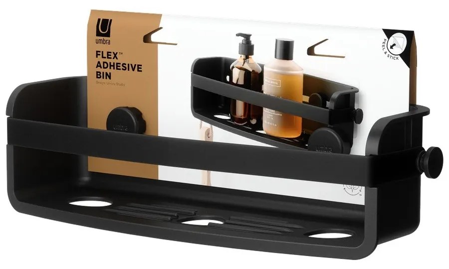 Černá plastová koupelnová polička bez vrtání Flex Adhesive – Umbra