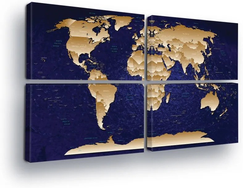 GLIX Obraz na plátně -  Béžová Mapa Světa na Modrém Pozadí 4 x 60x40 cm