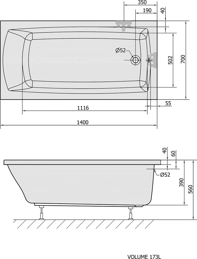 Polysan, LILY obdélníková vana 140x70x39cm, bílá, 72201