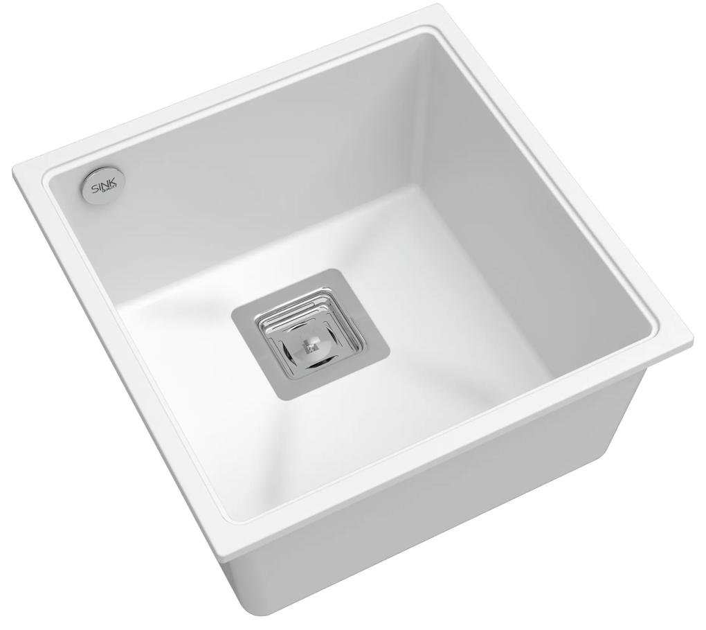 Sink Quality Argon 50, kuchyňský granitový dřez 420x420x225 mm + chromový sifon, bílá, SKQ-ARG.W.1KBO.50.X