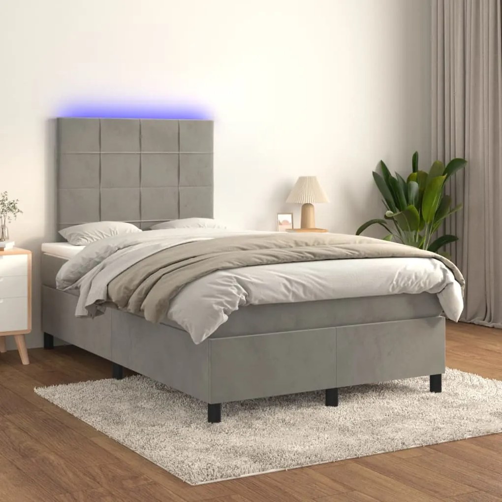 Box spring postel s matrací a LED světle šedá 120x200 cm samet 3136113