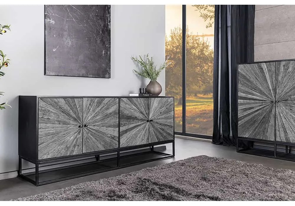 Massive home | Masivní příborník BARRACUDA 180cm černé mangové dřevo s teakovou šedou přední deskou
