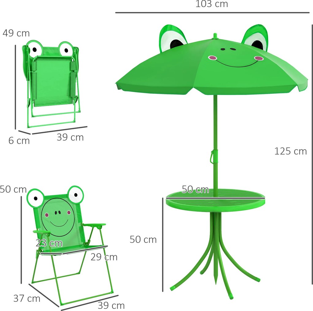 Zahradní set Outsunny pro děti – stůl a židle na piknik, skládací set pro děti se nastavitelným deštníkem 100-125 cm, design žabky, zelený