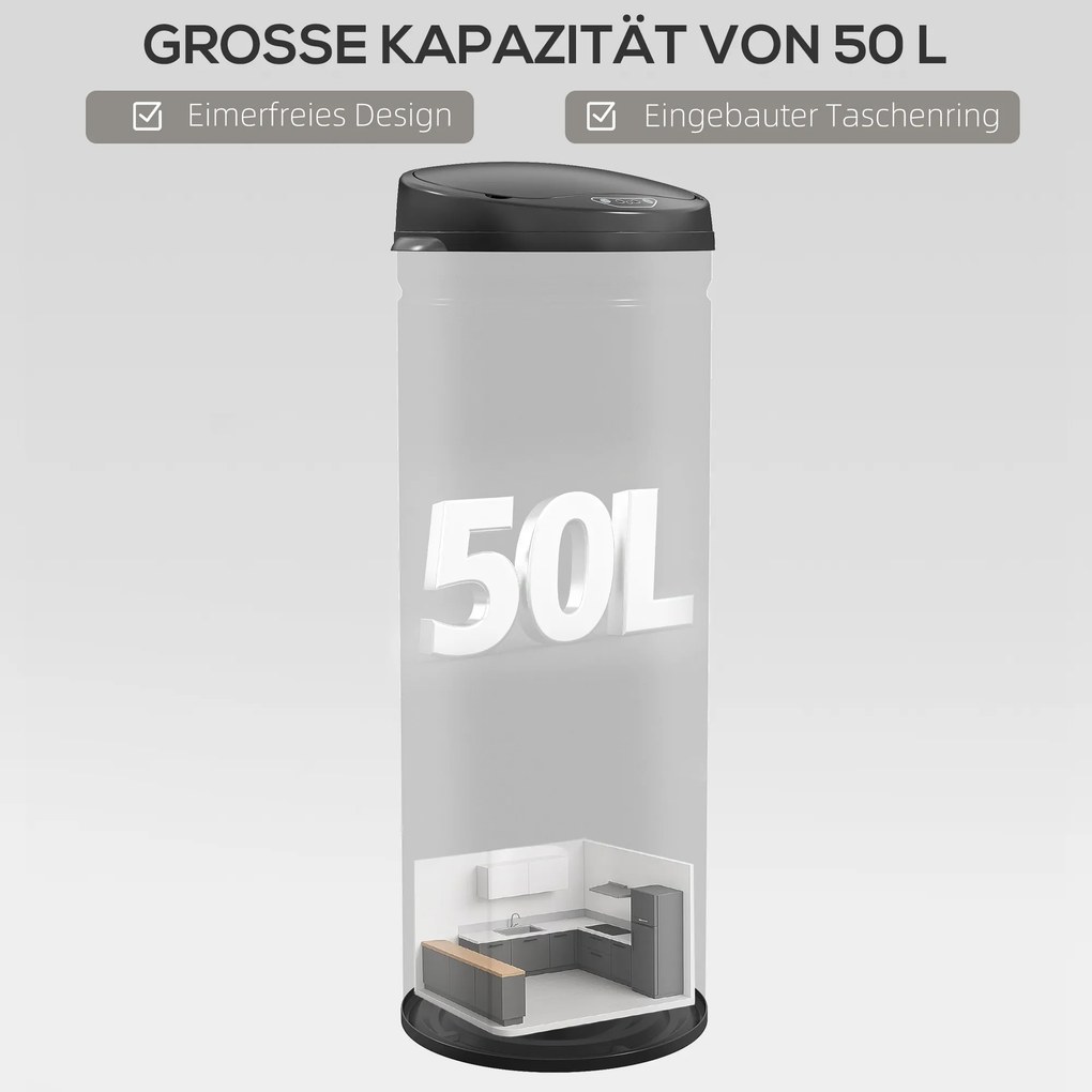 HOMCOM 50litrový senzorový odpadkový koš s funkcí Soft-Close, bezdotykový odpadkový koš z nerezové oceli pro hygienické kuchyně