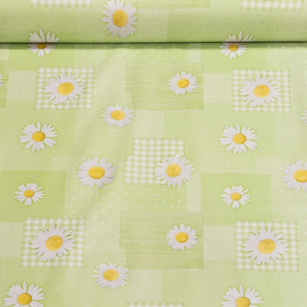 Ergis ubrus PVC s textilním podkladem 5737020, patchwork, kopretiny na zelené, š.140cm (metráž)