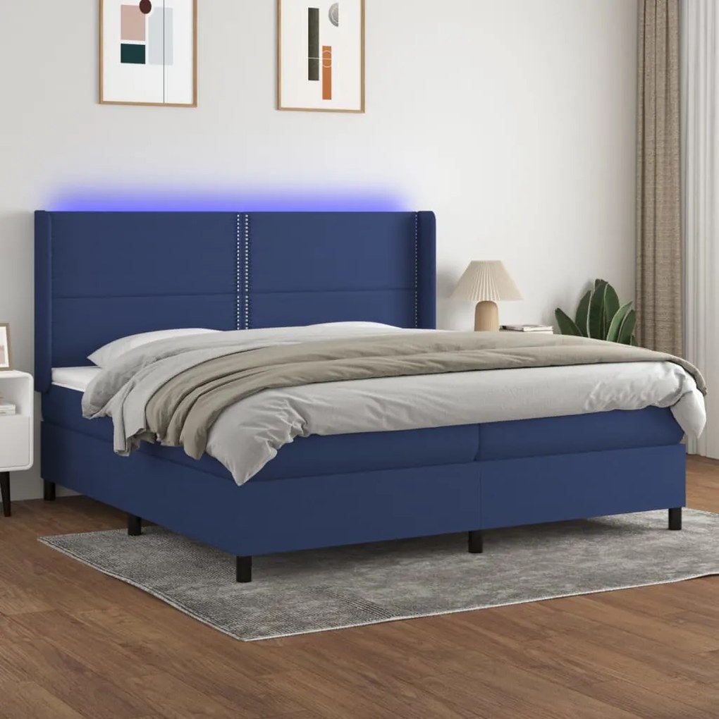 Box spring postel s matrací a LED modrá 200x200 cm textil