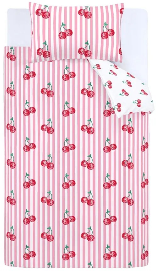 Bílé/růžové povlečení na jednolůžko 135x200 cm Disco Cherries Stripes – Catherine Lansfield Biano.cz