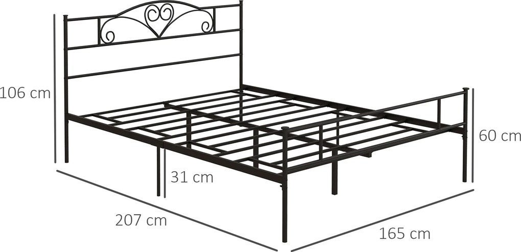 HOMCOM ocelový rám dvojité postele 160x200cm s integrovanými laťkami, čelem a nohama, úložným prostorem pod postelí, černý