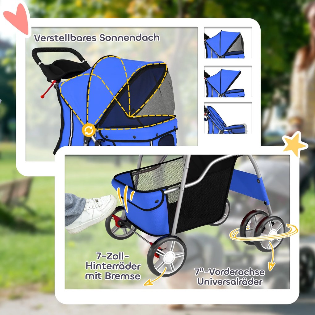 PawHut Kočárek pro psy Skládací kočárek pro kočky do 10 kg s krytem proti dešti Odrazové proužky Úložný koš 77x44x102cm Modrý