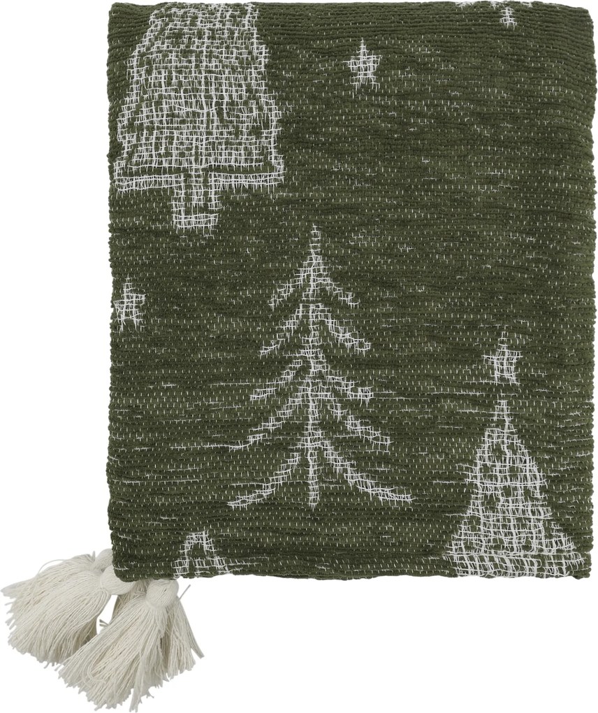 Zelený žinilkový přehoz pléd s vánočními stromečky a střapci Aix – 150*130 cm