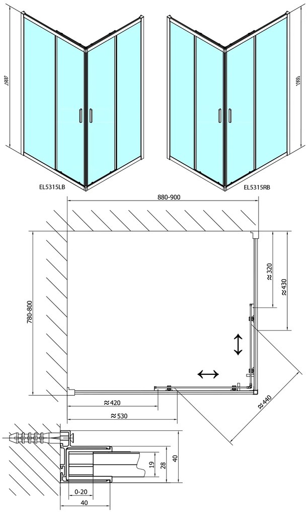 Polysan Polysan, EASY BLACK obdélníková sprchová zástěna 900x800mm, čiré sklo, EL5315B