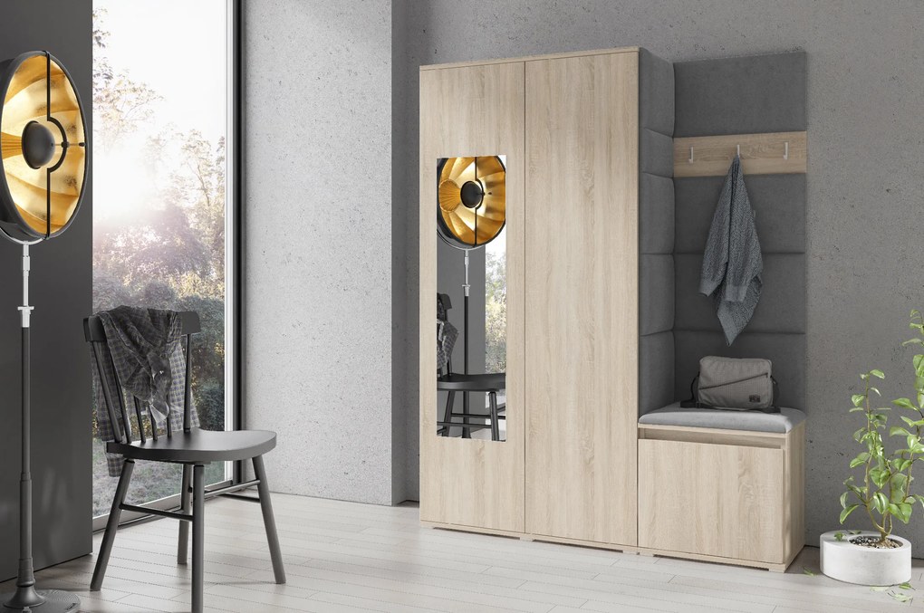 Eka Předsíňová stěna s čalouněnými panely Trinity 11 - Sonoma / Tmavá šedá 2315