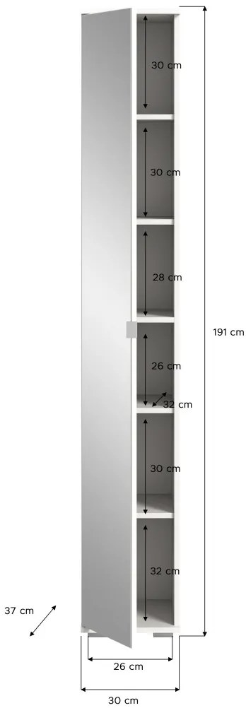 Úzká skříň se zrcadlem Prego, 30 cm, bílá