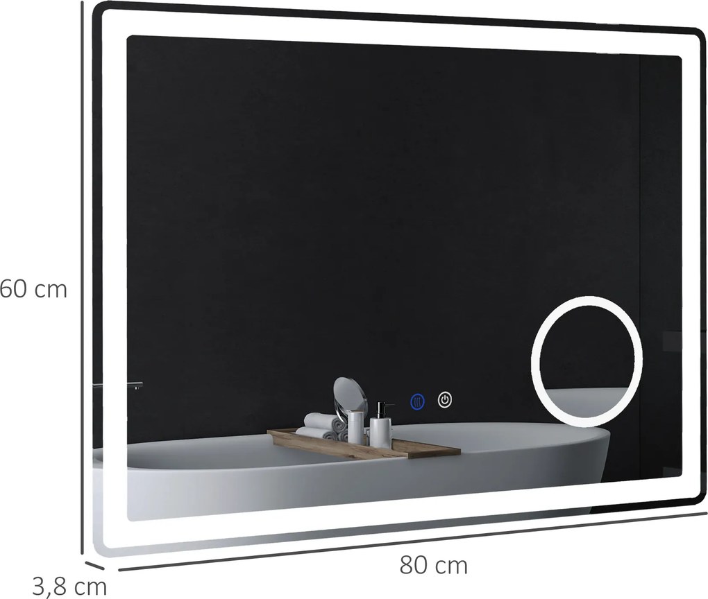 kleankin LED koupelnové zrcadlo s 3x zvětšením a dotykovou funkcí, 80x60 cm, 3 barvy světla, bez mlhy