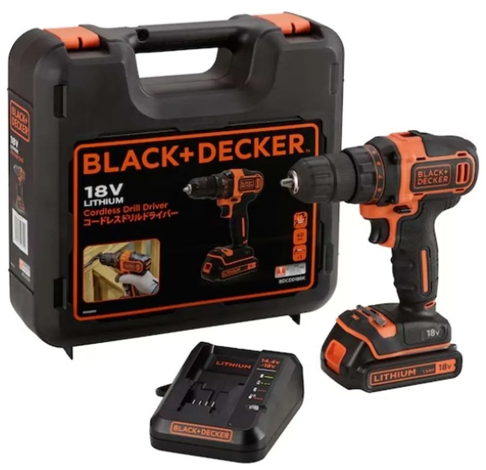 BLACK+DECKER Nářadí - 18V AKU vrtací šroubovák, 1x aku 1,5 Ah Li-Ion, nabíječka BDCDD186K-QW