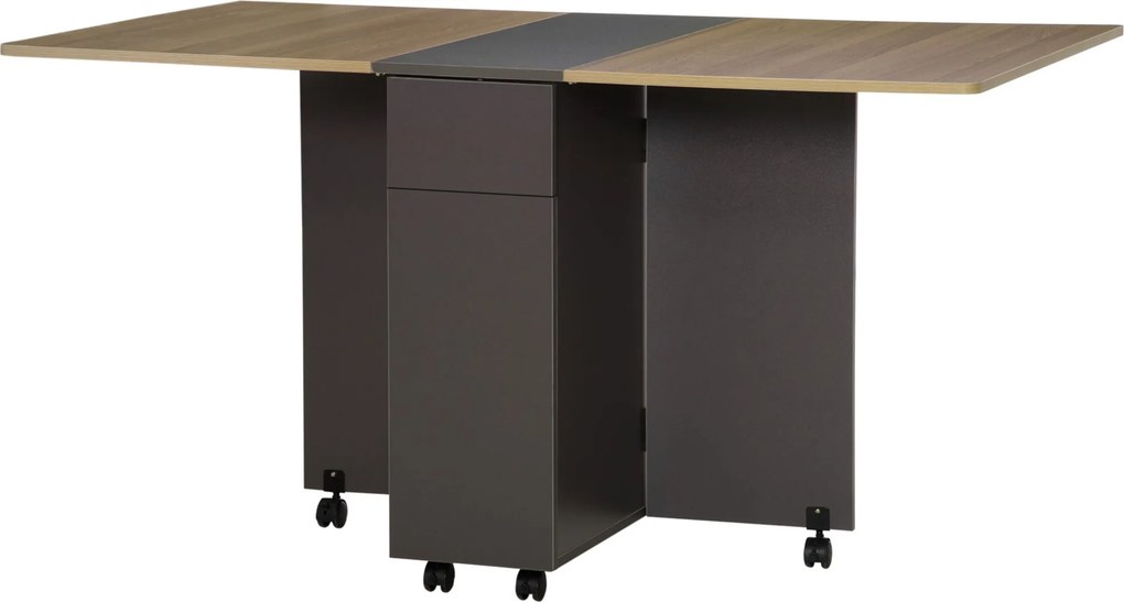 HOMCOM Skládací jídelní stůl na kolečkách se skřínkou a 2 šuplíky 76 x 140 x 74 cm šedý a přírodní dřevo