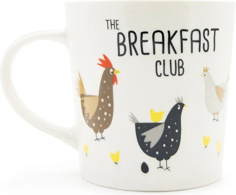 Porcelánový hrnek Breakfast Club, bílý, 400 ml – motiv slepic, kuřátek a kohouta, venkovský styl